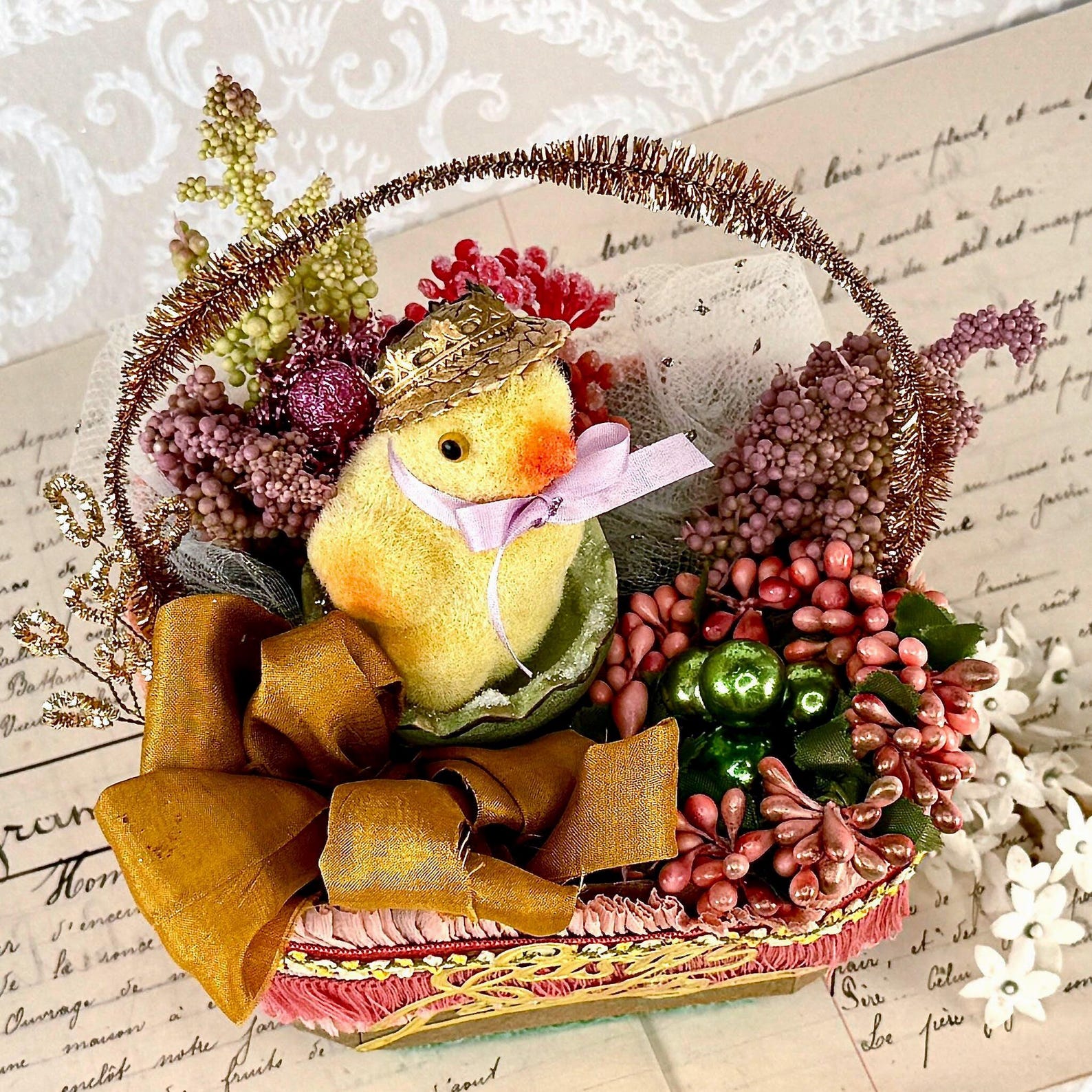 Vintage Flocked Chick in Hatched Egg — Antique-style Easter Basket ...