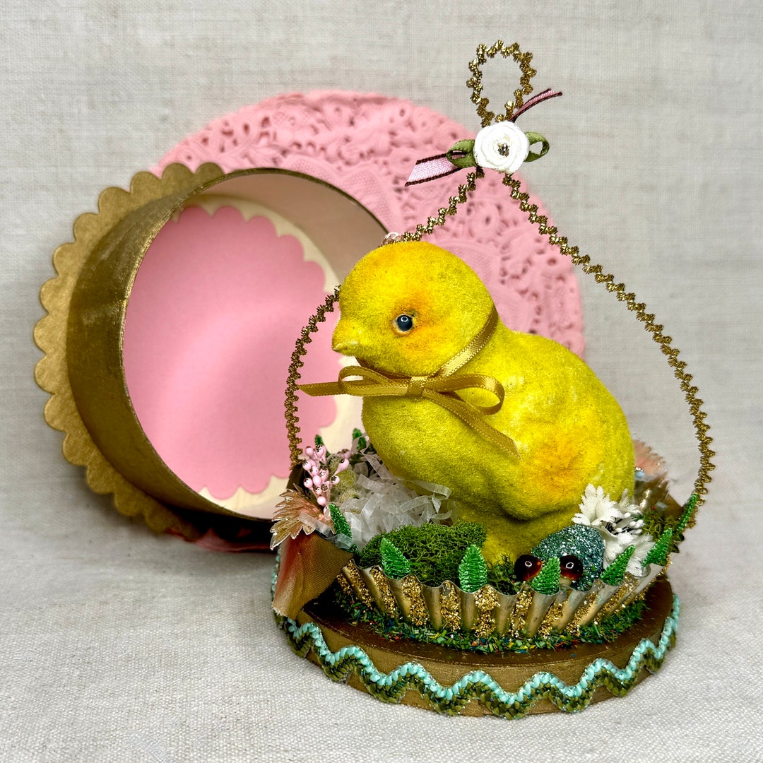 Vintage Flocked Chick Easter Candy Basket Container Wood Box, Handmade ...