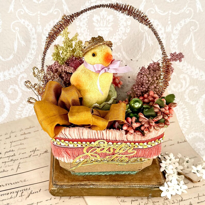 Vintage Flocked Chick in Hatched Egg — Antique-style Easter Basket ...