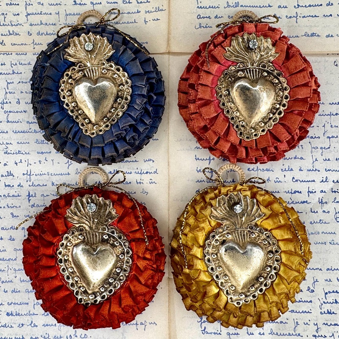 Silverplate Ex Voto Sacred Heart Ornament: Religious Antique Rosette ...