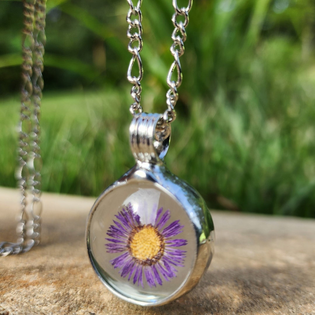 Stained Glass Necklace, Purple Aster Pendant for Women, Real Pressed Flower Jewelry, Handmade ...