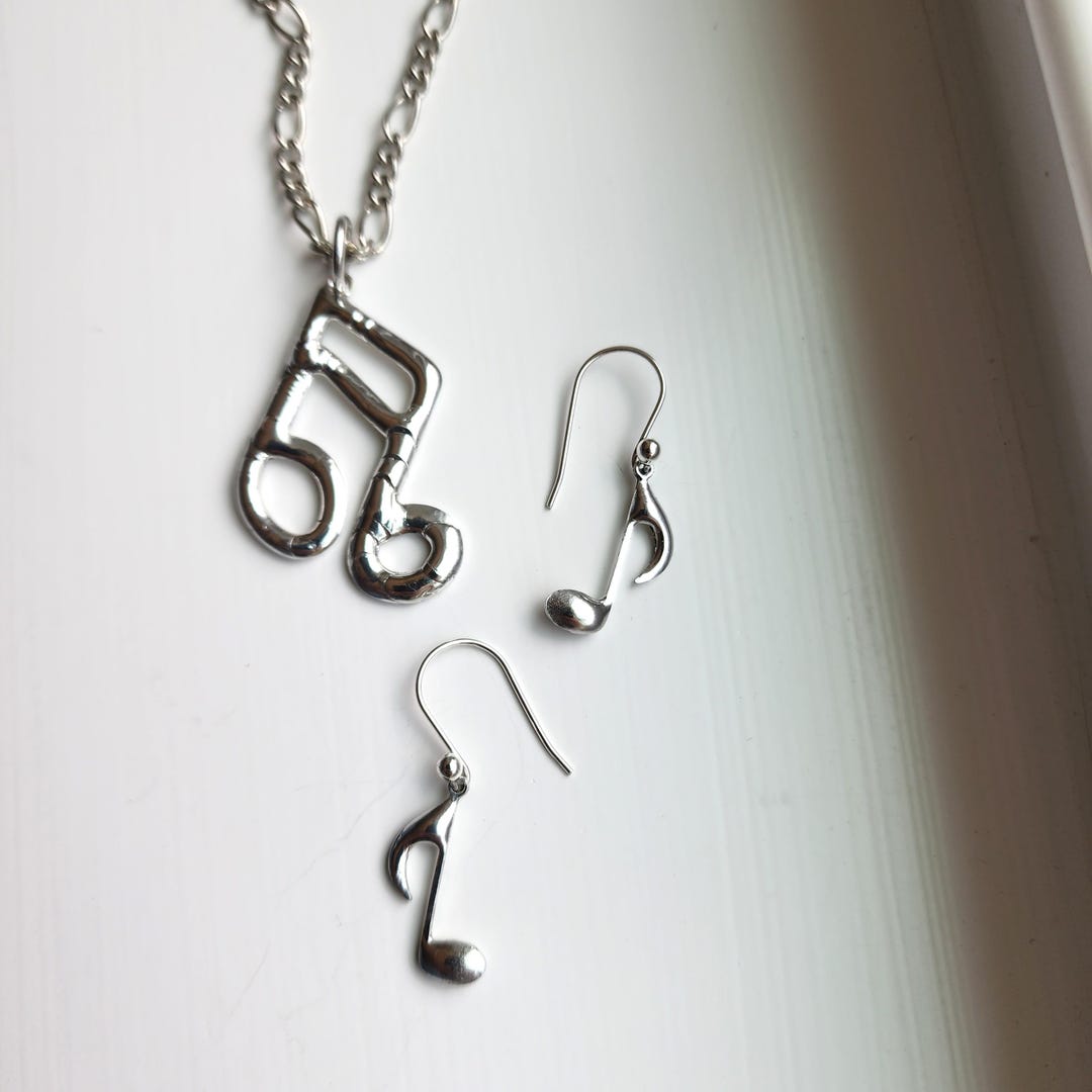 Music Note Jewelry Set, Adjustable Chain Necklace, Sterling Silver Ear ...