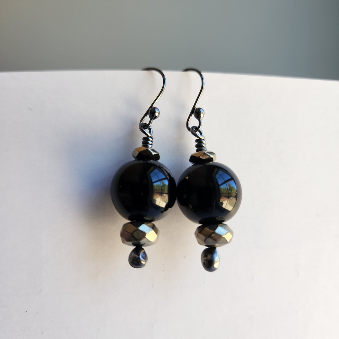 Black Glass Bead Earrings for Women, Artisan Pyrite Accessory, .925 ...