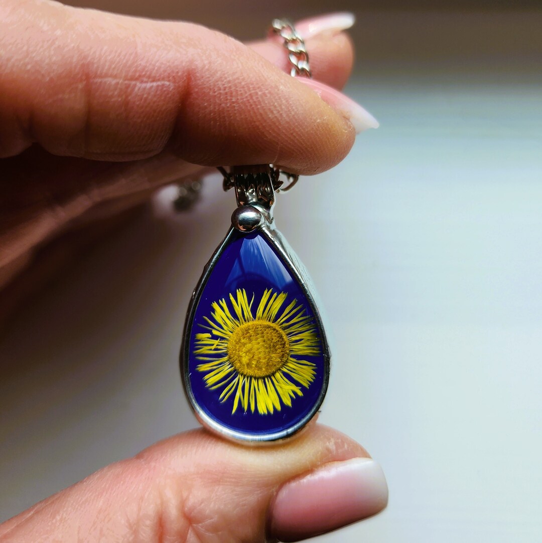 Yellow Aster in Blue Glass Necklace, Real Dry Pressed Flower Necklace ...