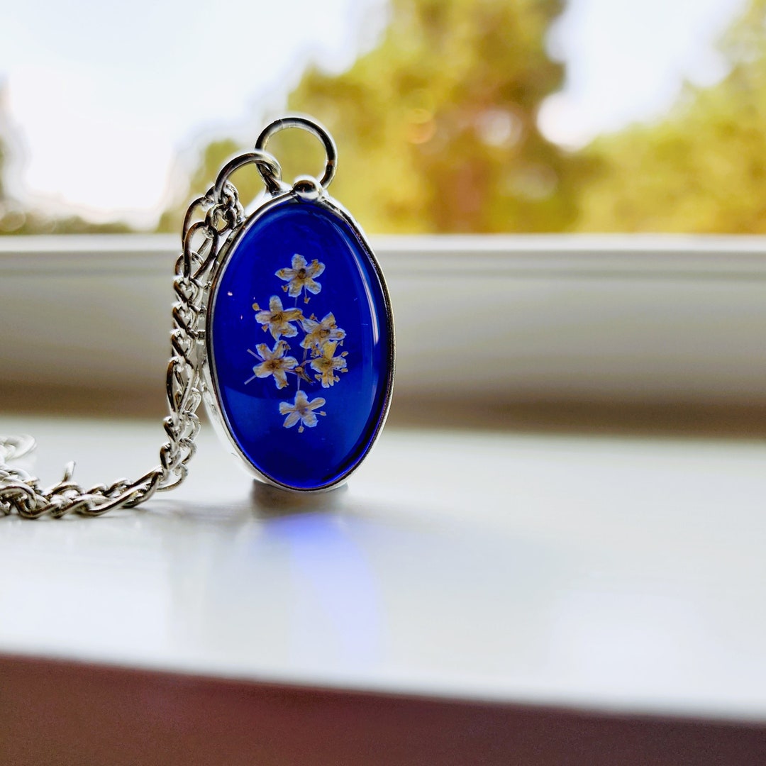 Stained Glass Pendant Necklace for Women, Real Pressed Flower Jewelry ...