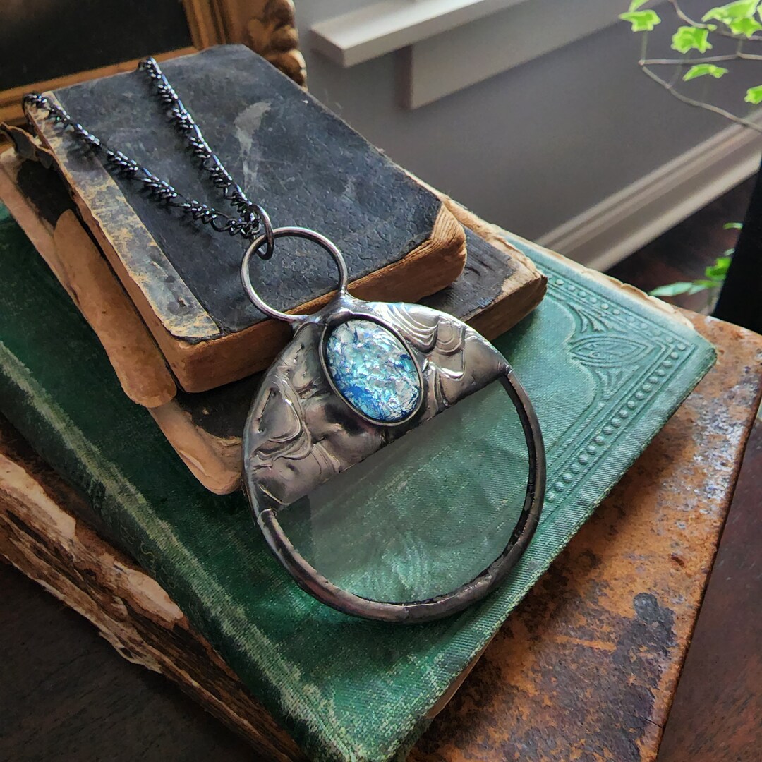 Magnifying Glass Necklace for Women, Ice Blue Opal Inset, Quality Glass ...