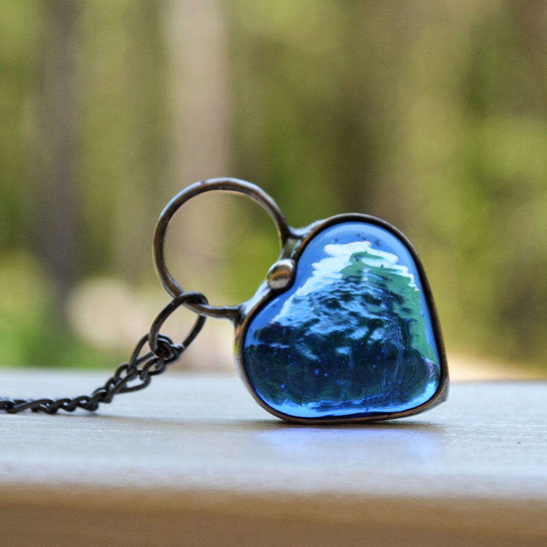 Blue Heart Necklace for Women, Chunky Glass Heart Pendant Necklace ...