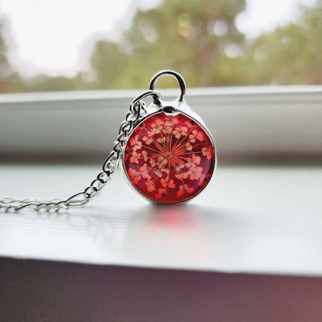 Red Stained Glass Necklace for Women, Real Pressed Flower Jewelry ...