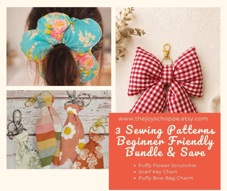 3 Beginner Sewing Patterns Bundle: Scrunchie, Bag Charm, Scarf Keychain ...