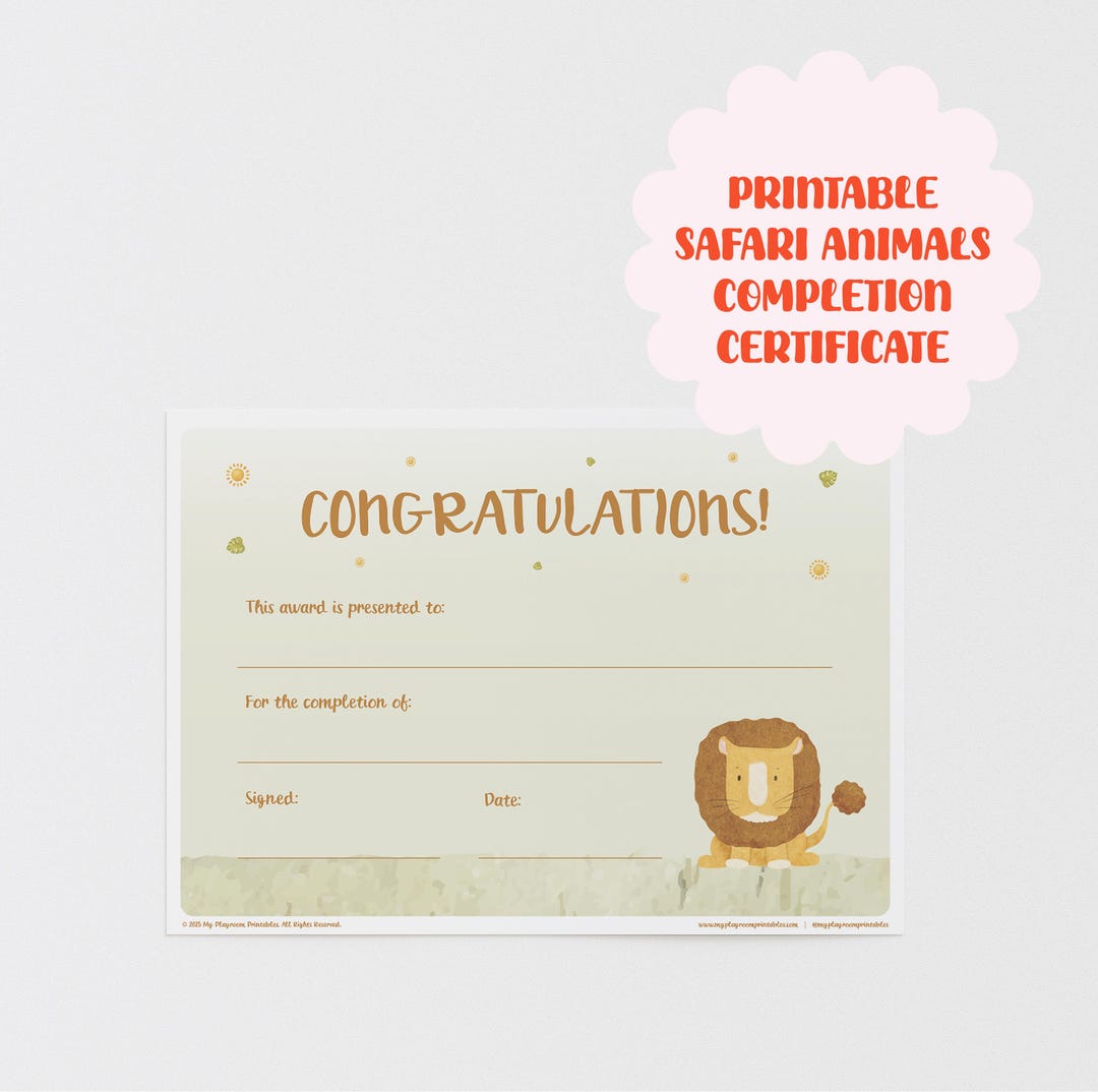Printable Safari Animals Certificate of Completion for Kids & Toddlers ...