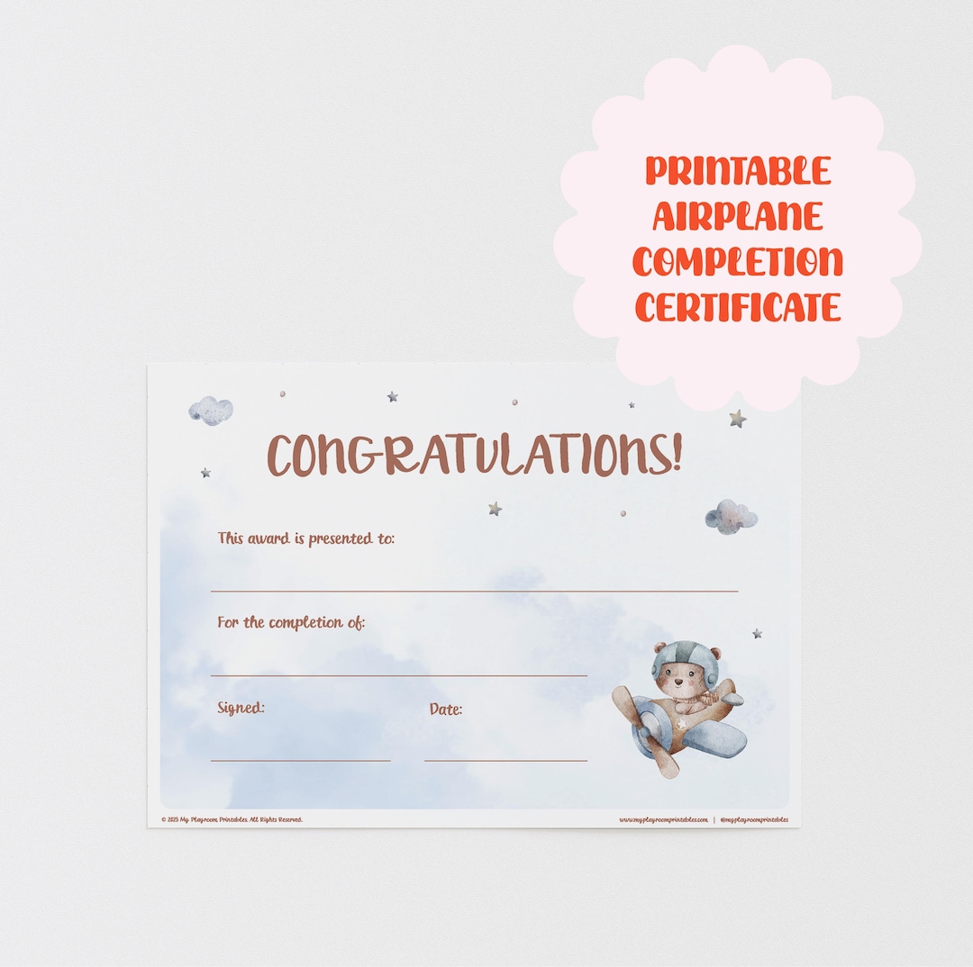 Printable Airplane/aeroplane Certificate of Completion for Kids ...