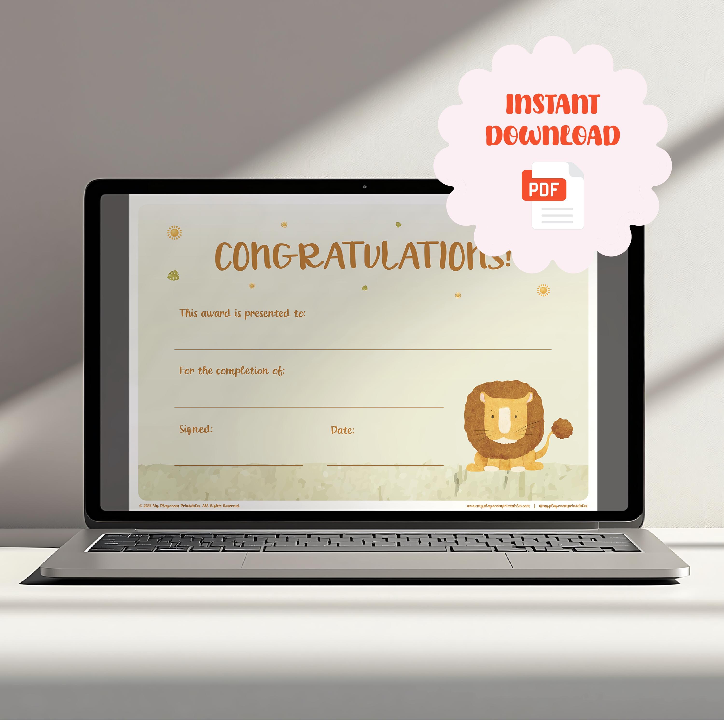Printable Safari Animals Certificate of Completion for Kids & Toddlers ...