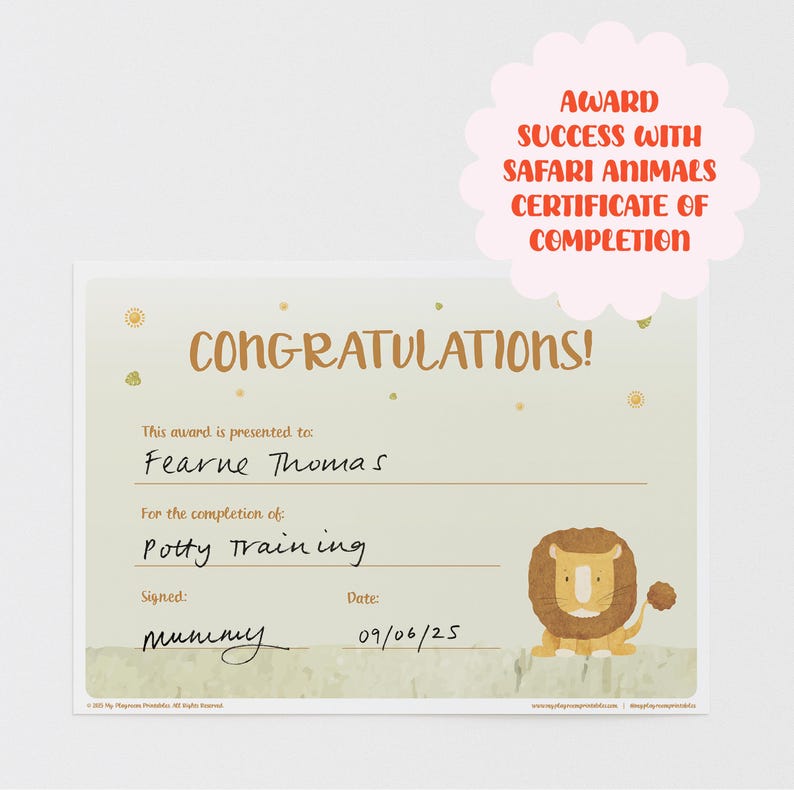 Printable Safari Animals Certificate of Completion for Kids & Toddlers ...
