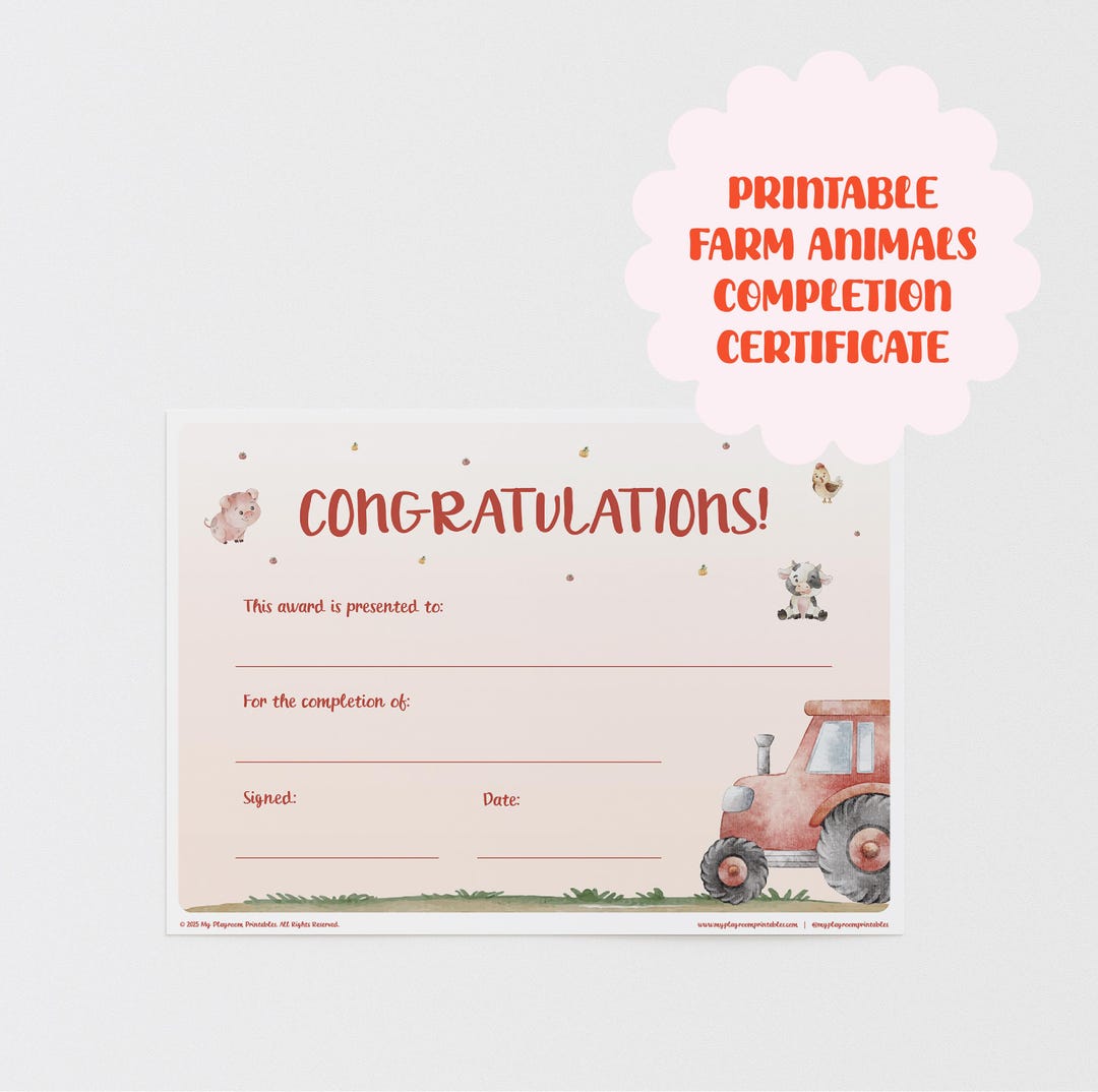 Printable Farm Animals Certificate of Completion for Kids & Toddlers ...