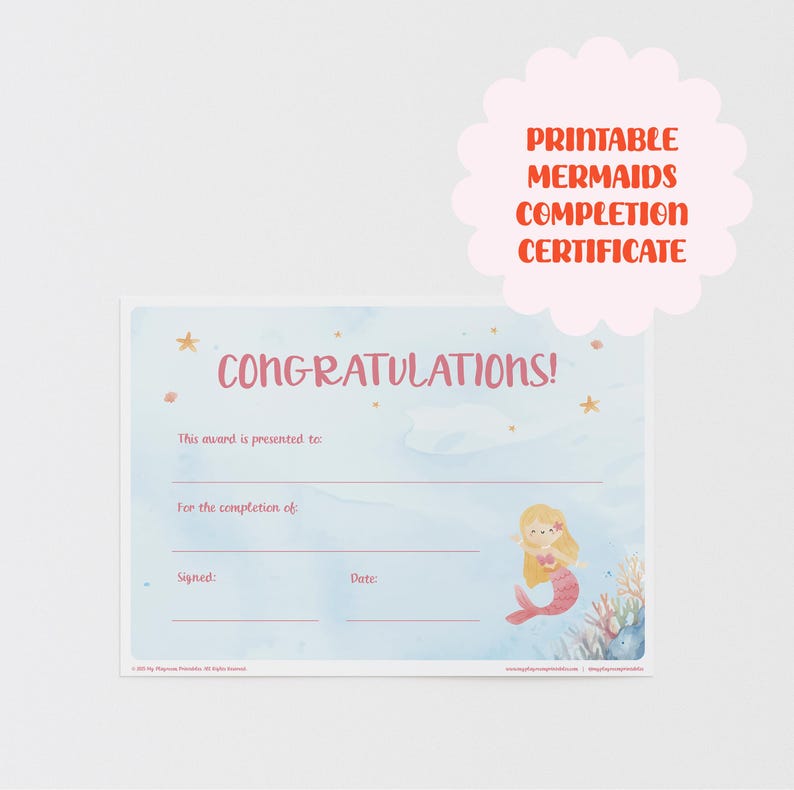 Printable Mermaids Certificate of Completion for Kids & Toddlers ...