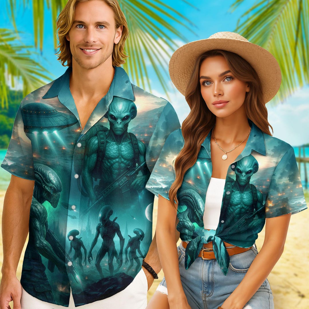 Aliens Hawaiian Shirts for Men Women, Alien UFO Short Sleeve Button ...