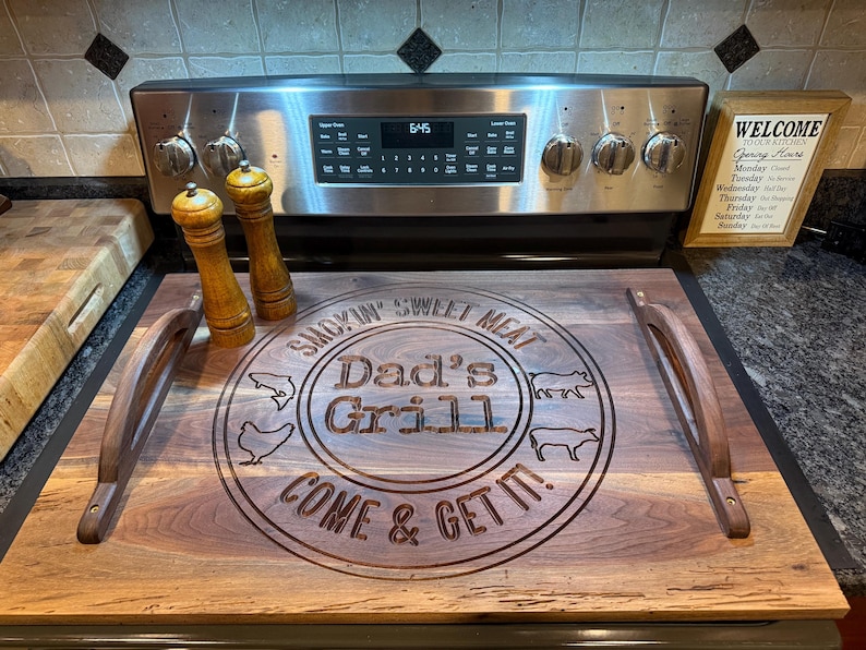 Personalized Hardwood Stove Top Cover – Grill Caddy, Farmhouse Kitchen ...
