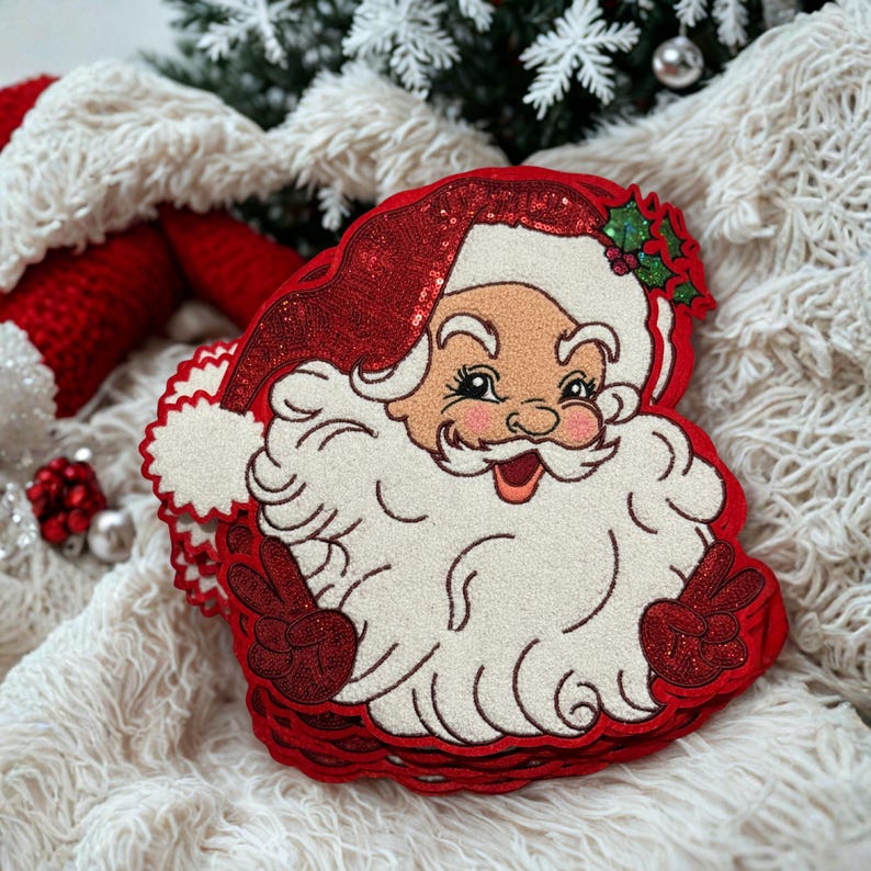Vintage Santa Chenille & Sequin Embroidered Patch – 11 Inch Holiday ...