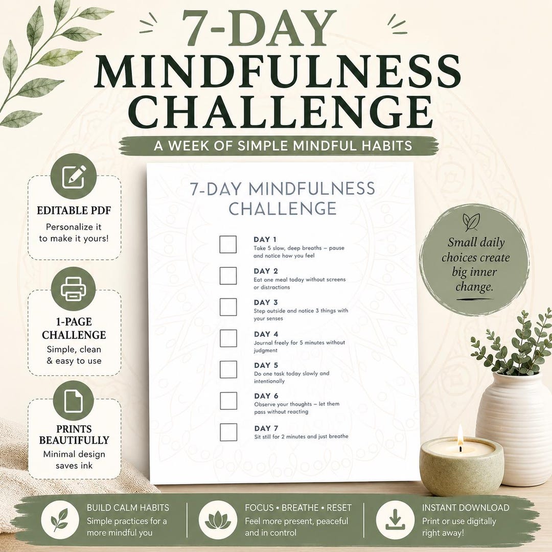7-day Mindfulness Challenge Printable | Editable Habit Tracker PDF ...