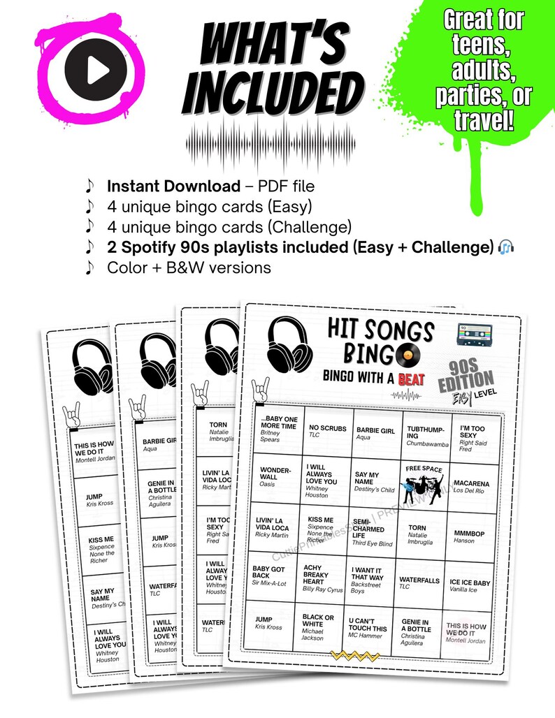 Hit Songs Bingo – 90s Edition – Printable Music Game for Parties, Road ...