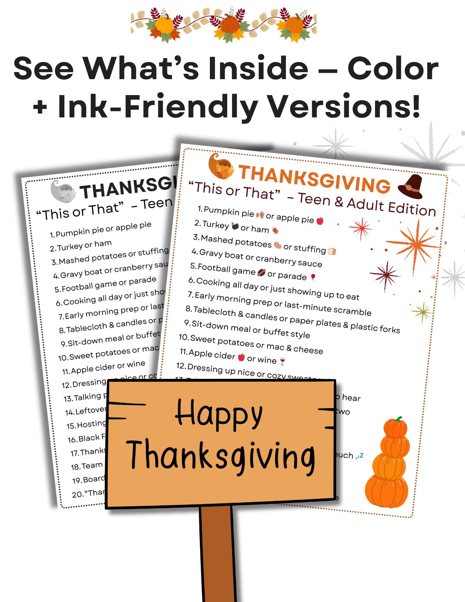 Thanksgiving This or That Game – Printable Party Game (instant Download ...