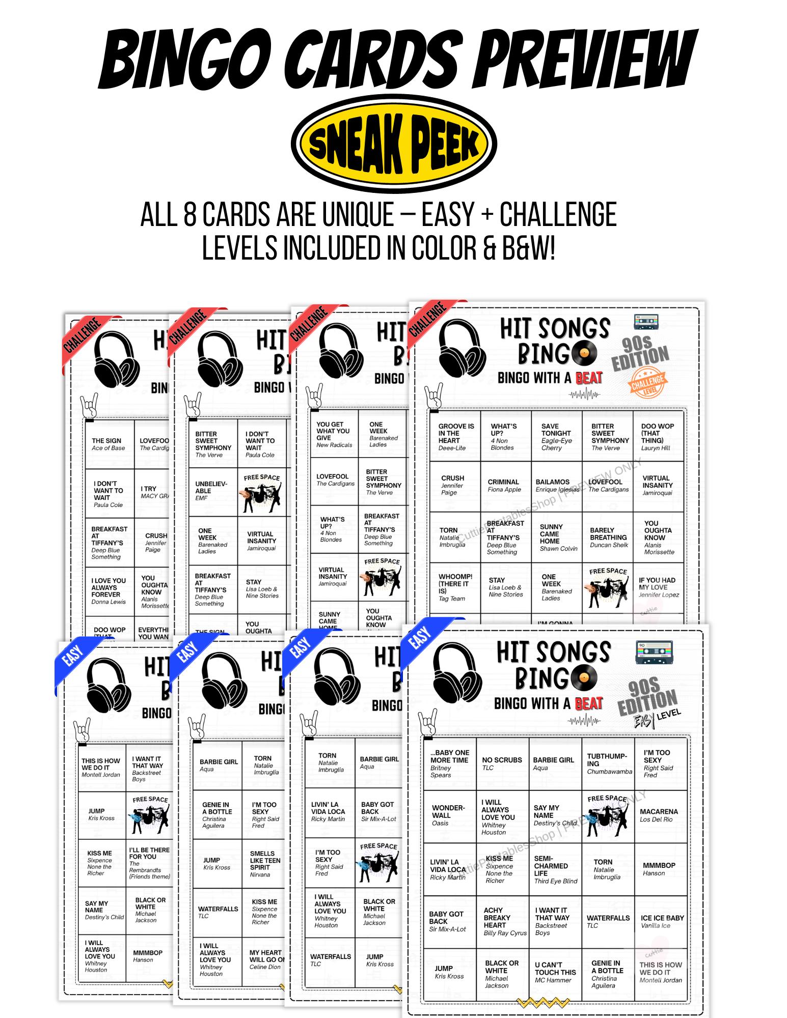Hit Songs Bingo – 90s Edition – Printable Music Game for Parties, Road ...