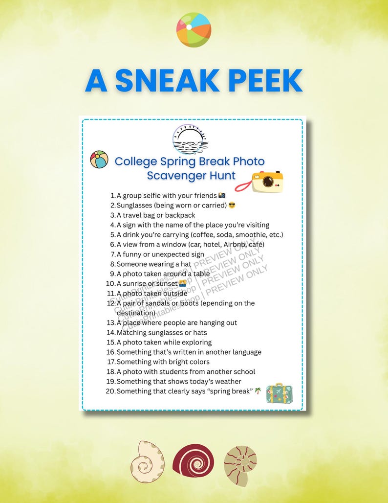 College Spring Break Photo Scavenger Hunt | Spring Break Photo ...