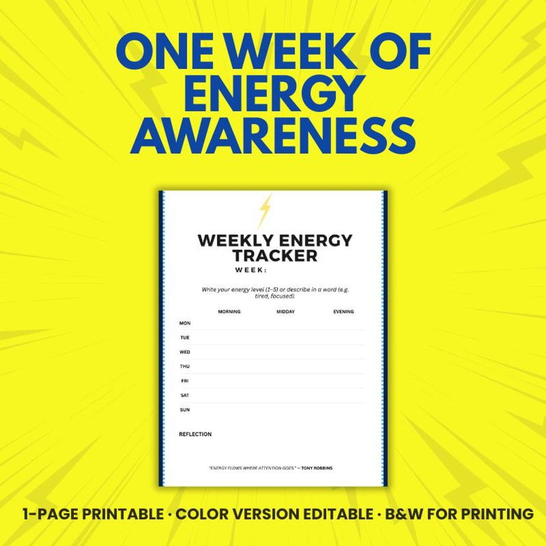 Weekly Energy Tracker Printable – Color Editable + B&W PDF | Mood ...