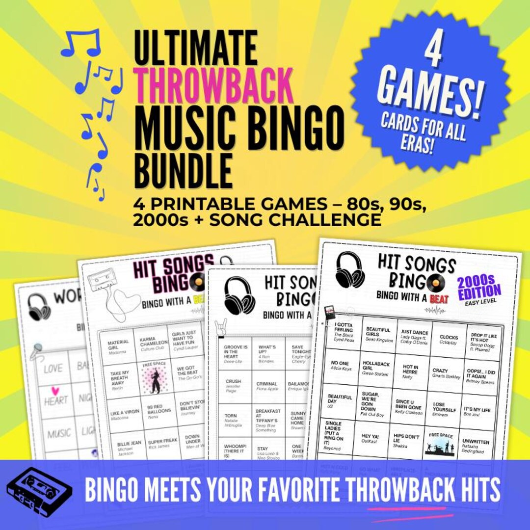 Music Bingo Party Game Bundle: 80s, 90s, 2000s Throwback (printable PDF ...