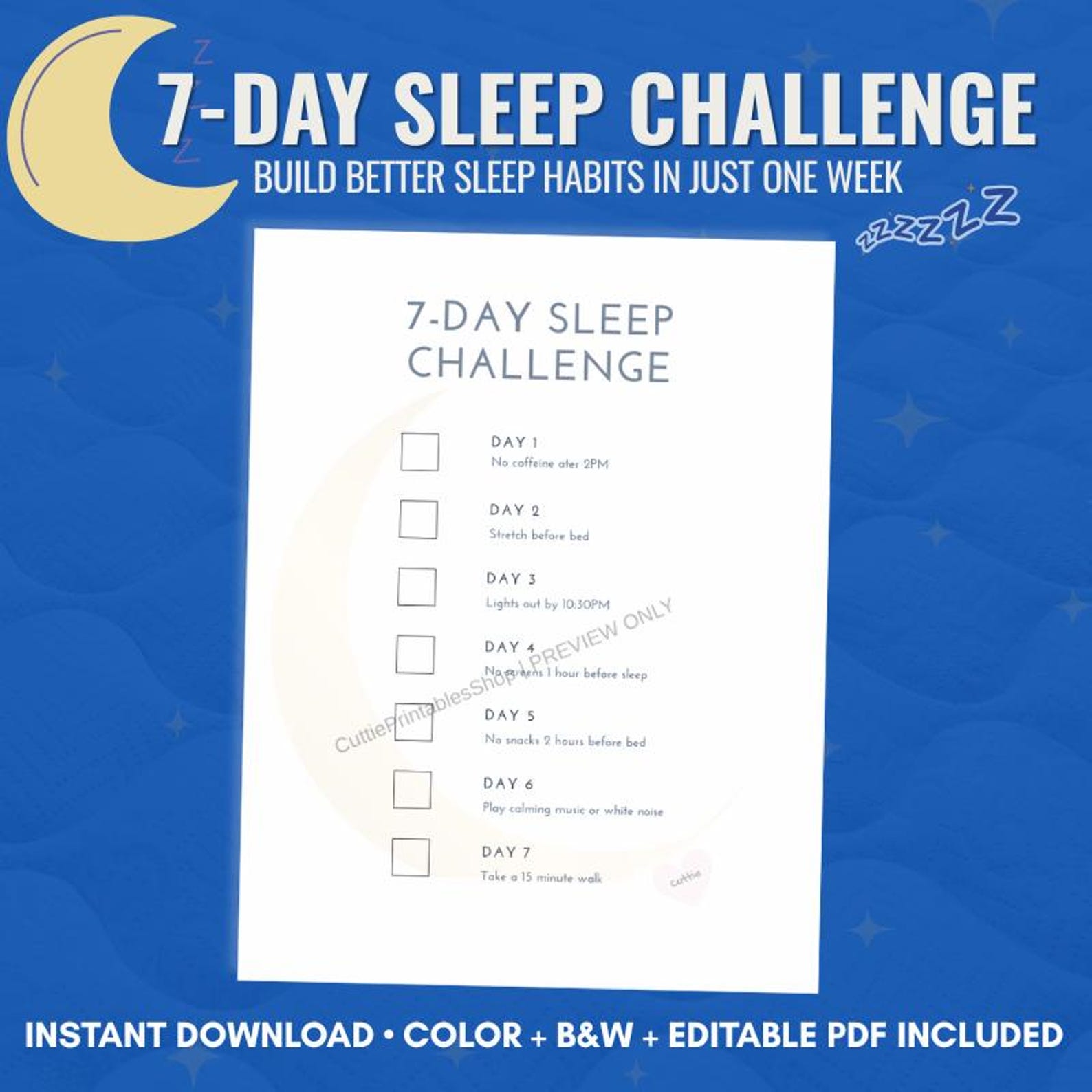 7-day Sleep Challenge Printable: Editable PDF, Habit Tracker (color & B ...