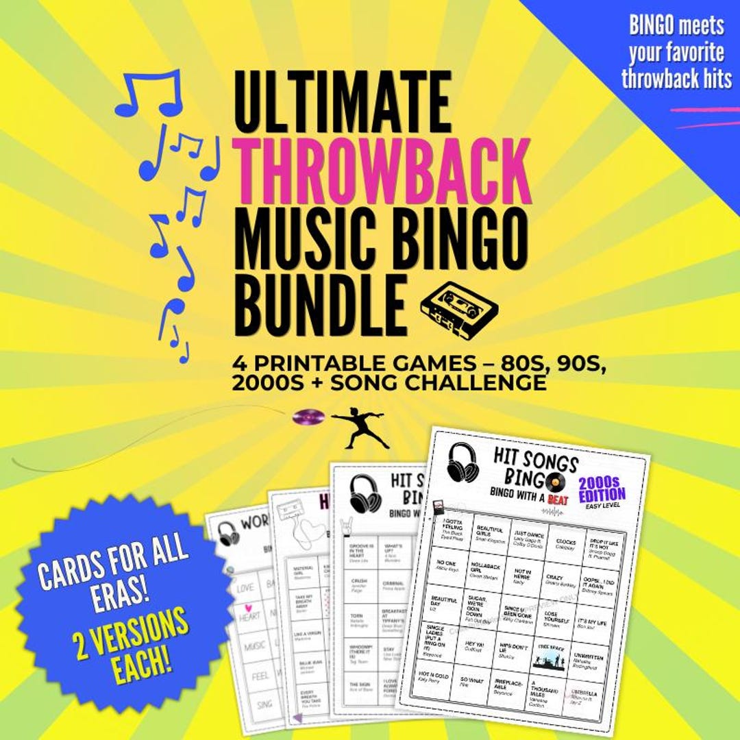 Music Bingo Game Bundle – 80s, 90s, 2000s + Song Challenge – Easy ...