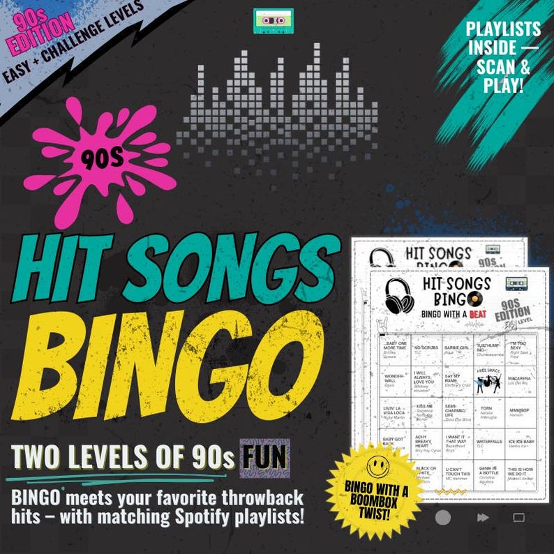 Hit Songs Bingo – 90s Edition – Printable Music Game for Parties, Road ...