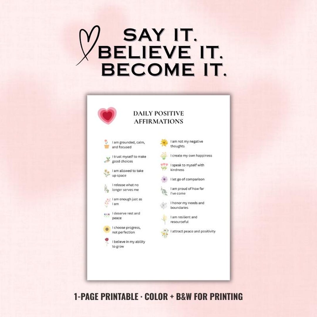 Daily Positive Affirmations Printable - 1 Page PDF for Self-esteem ...