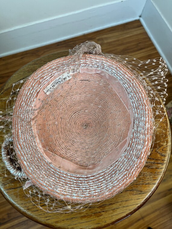 1950's Pink Metallic Straw Hat with Veil and Original… - Gem