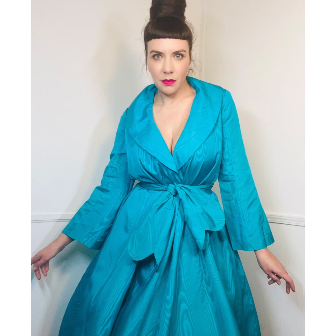 One Size Fits Many 1960s Vintage Teal Moiré Taffeta Hostess Gown by ...