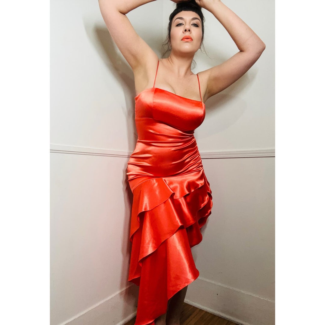 Large to Extra Large Y2K Vintage Orange Satin Prom Gown by Blondie ...