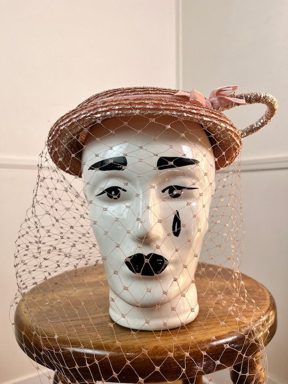 1950's Pink Metallic Straw Hat with Veil and Original… - Gem