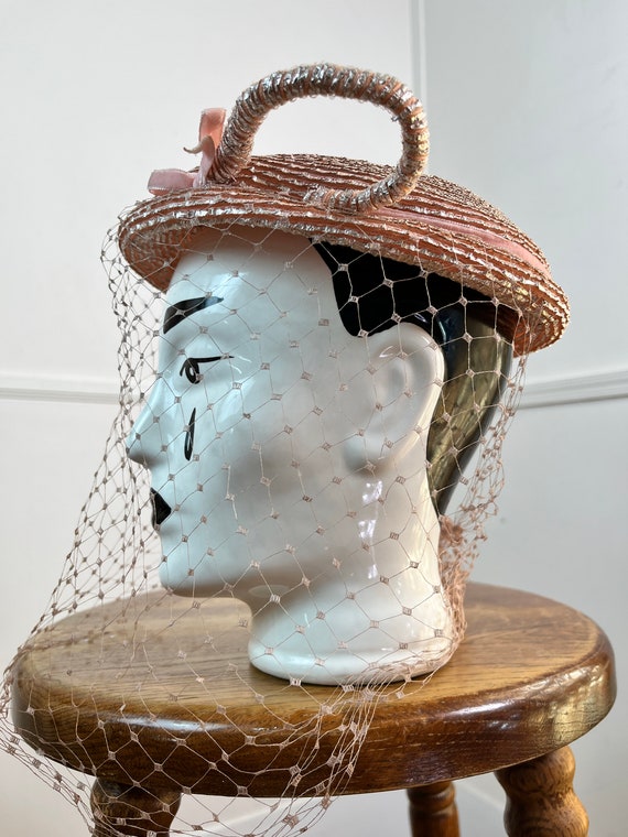 1950's Pink Metallic Straw Hat with Veil and Original… - Gem