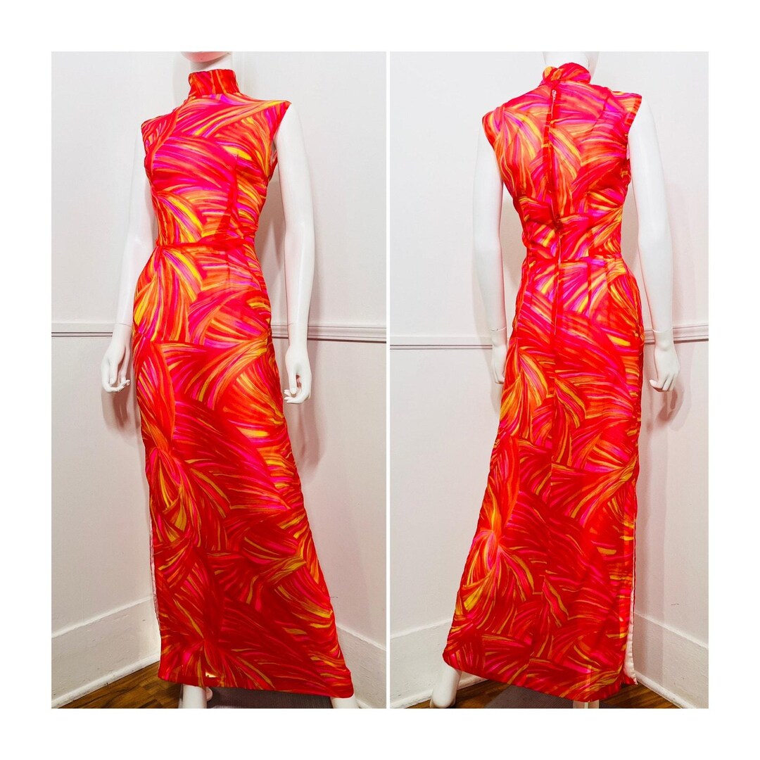Small 1960s Vintage Sheer Neon Firework Print Gown - Etsy