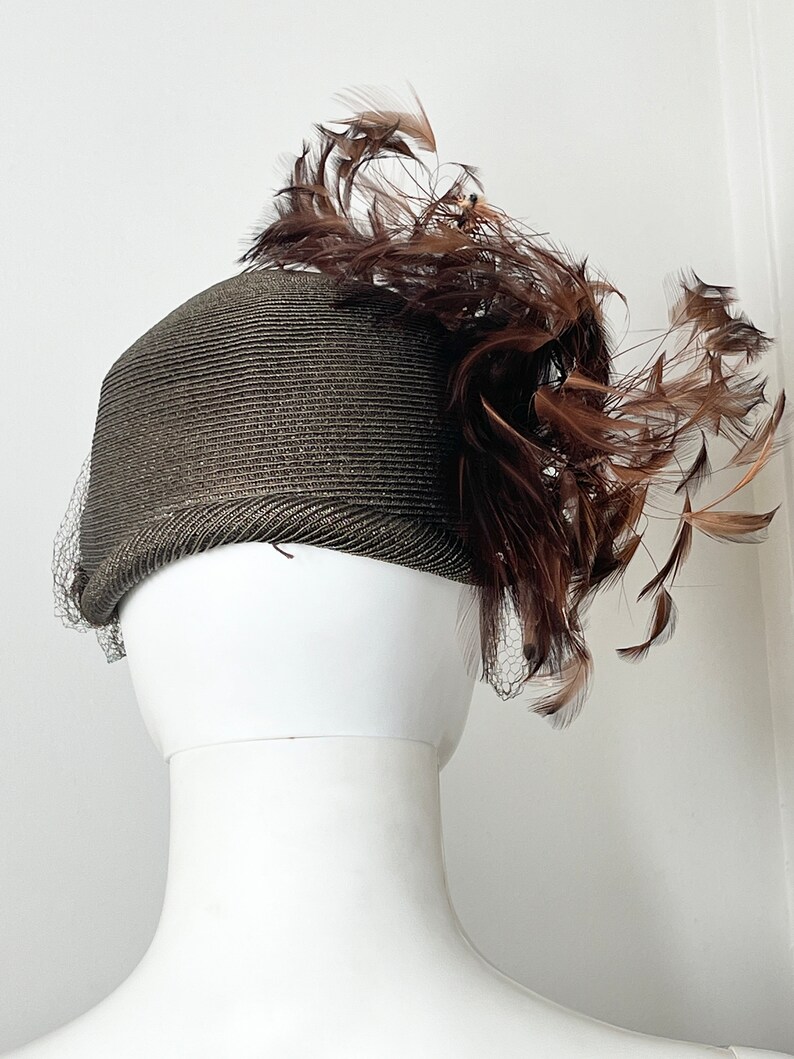 1950s Vintage Olive Green Straw Hat With Feathers Spray and Veil by ...