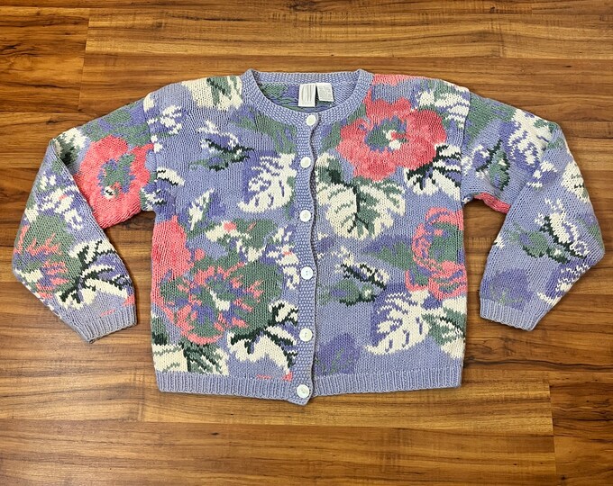 Small to Large 1990s Vintage Floral Knit Cropped Cardigan Sweater by CW ...