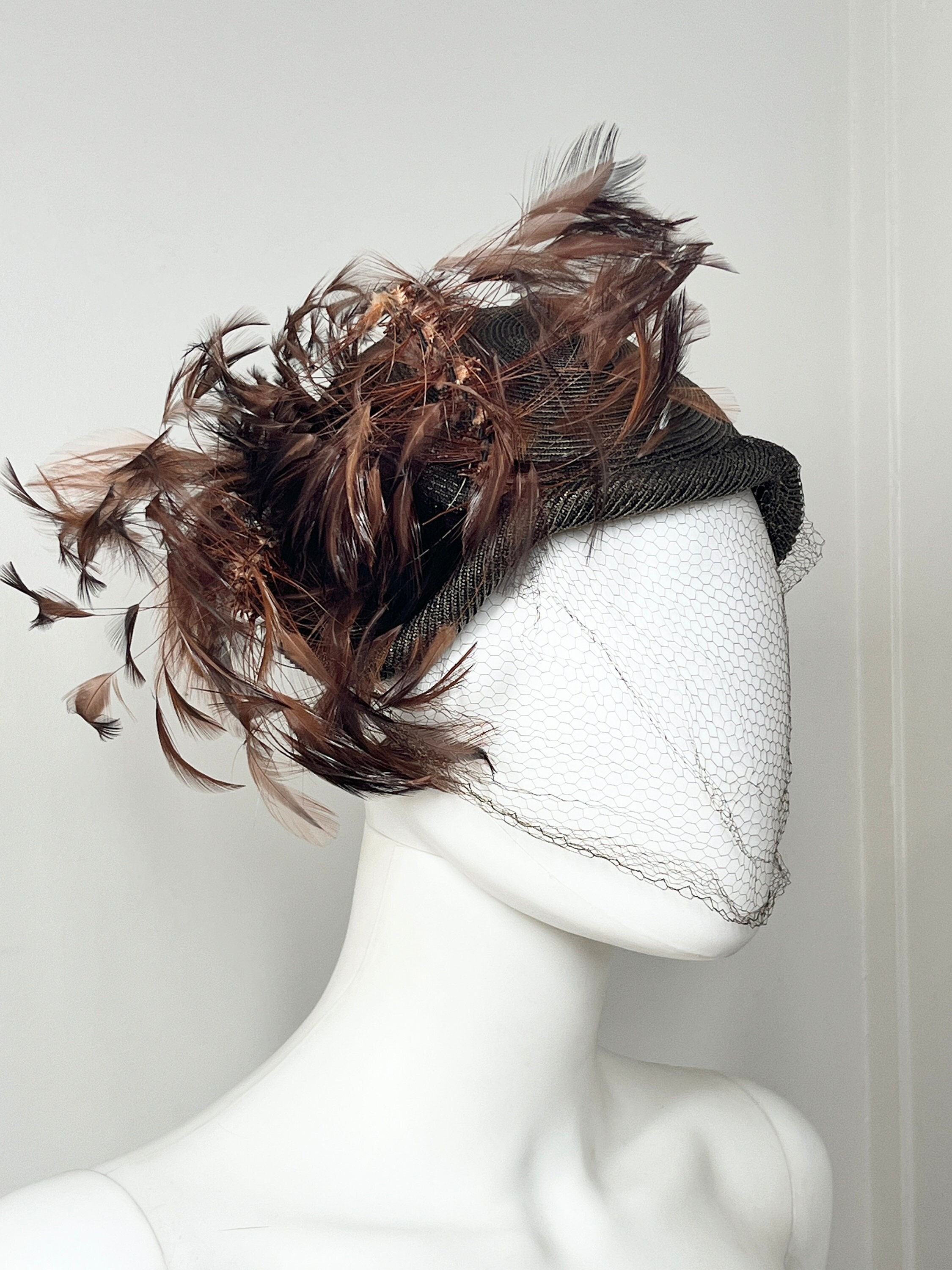 1950s Vintage Olive Green Straw Hat With Feathers Spray and Veil by ...