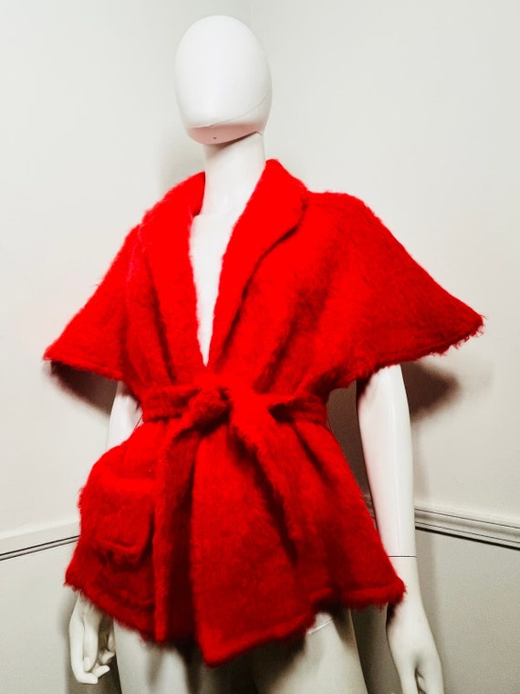 Small to Large 1960s Vintage Red Fuzzy Mohair Belted … - Gem