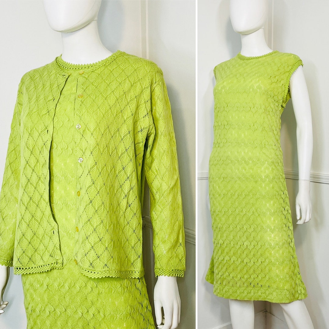 Large 1960s Vintage Chartreuse Knit Shift Dress and Cardigan Set by New ...