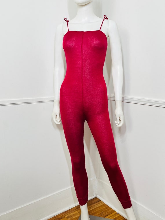 Small 1980s Vintage Raspberry Knit Unitard Dancewear … - Gem