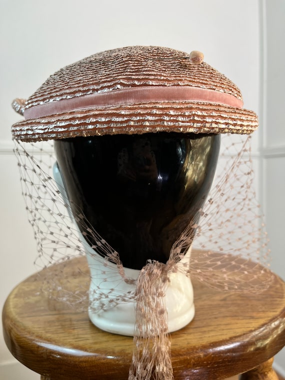 1950's Pink Metallic Straw Hat with Veil and Original… - Gem