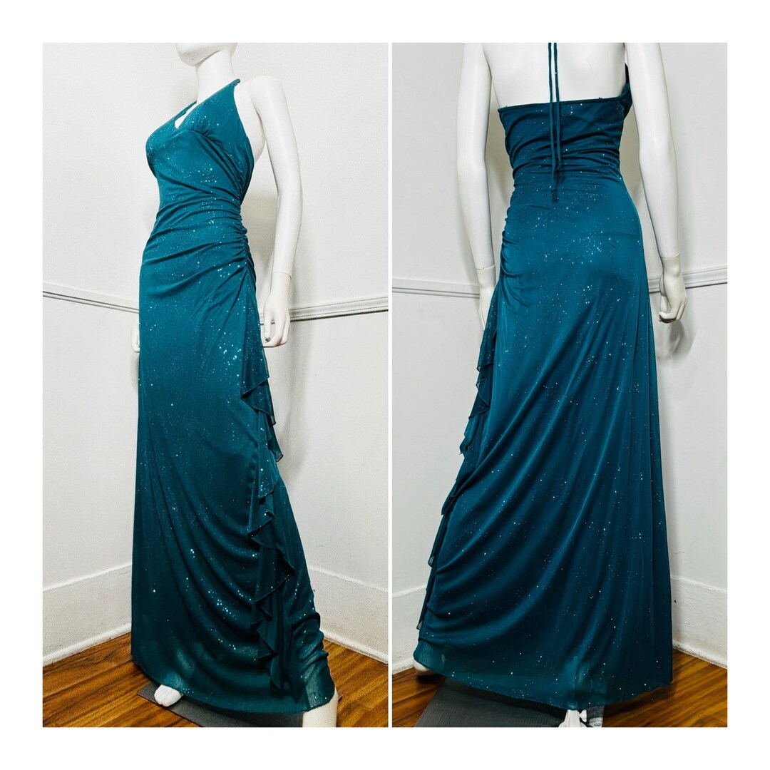 Large Y2K Vintage Teal Glitter Halter Gown by City Triangles - Etsy