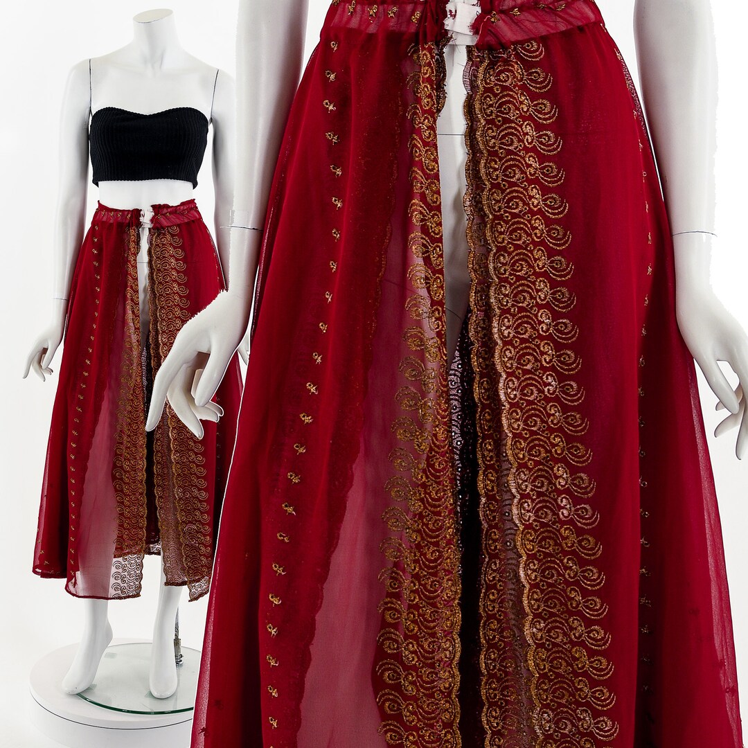 Deep Red and Gold Embroidered Elastic Skirt Overlay - Etsy
