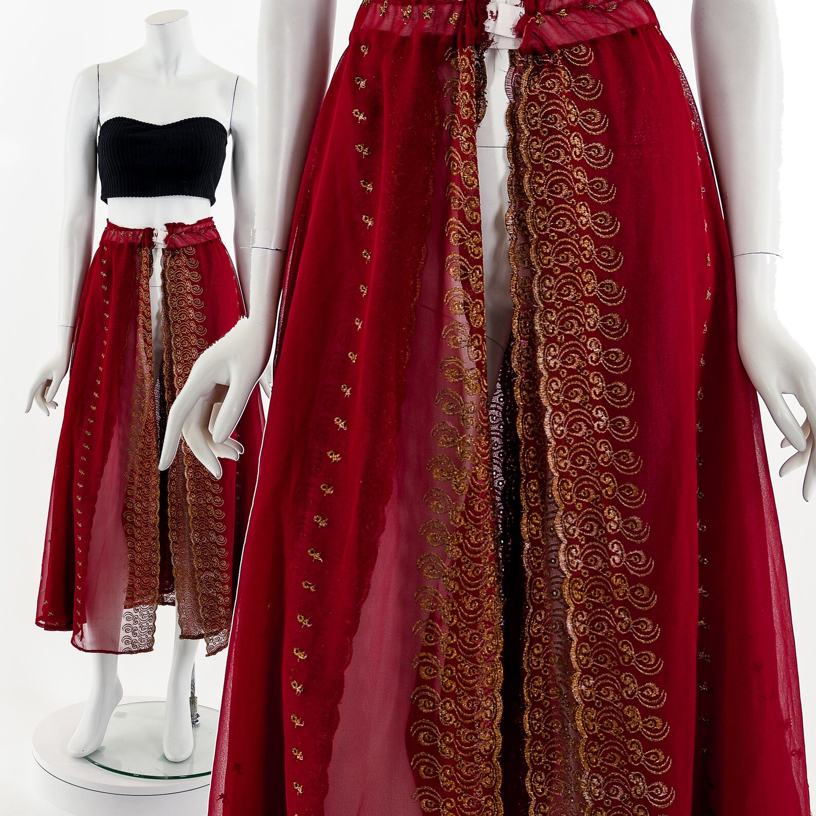 Deep Red and Gold Embroidered Elastic Skirt Overlay - Etsy
