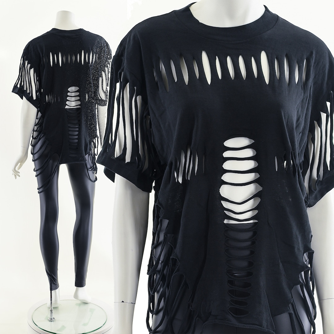 Slashed Black Tee,vintage Black T-shirt,80s Ripped Tshirt,workout Gym ...